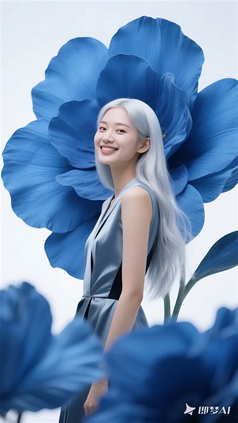 人像摄影 商业人物在巨大的青色的花中间甜美 女生 银色头发 穿着时尚的服饰 画面有冲击感 模特看着观众 微笑 坚定 纯色背景 白色 明亮 面光，侧面光 层次 前景虚化效果 大光圈 花瓣网