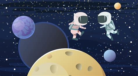 우주복을 입은 우주 비행사 코스모스 배경 어린이 일러스트레이션 행성 별이 빛나는 하늘 풍경 어두운 색상 플랫 스타일 만화 디자인