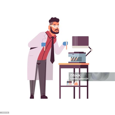 분석기 의료 기계 실험실 연구 과학 화학 개념 전체 길이 평면을 사용하여 균일한 혈액 샘플 남자와 테스트 튜브를 들고 남성 과학자 가공의 인물에 대한 스톡 벡터 아트 및