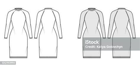 드레스 피셔맨 스웨터 테크니컬 패션 일러스트와 크루넥 핏 바디 무릎 길이 니트 트리밍 플랫 0명에 대한 스톡 벡터 아트 및 기타