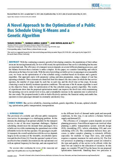 Pdf A Novel Approach To The Optimization Of A Public Bus Schedule Using K Means And A Genetic