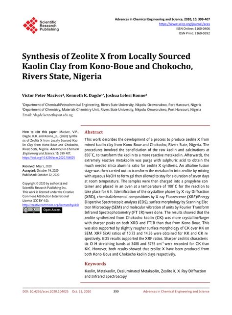 Pdf Synthesis Of Zeolite X From Locally Sourced Kaolin Clay From Kono