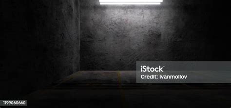 빈 네온 튜브 공상 과학 소설 주차장 지하 차고 자동차 공간 빛나는 레이저 흰색 그런 지 거친 콘크리트 산업 무대 쇼케이스 3d 렌더링 비어 있음에 대한 스톡 사진 및 기타