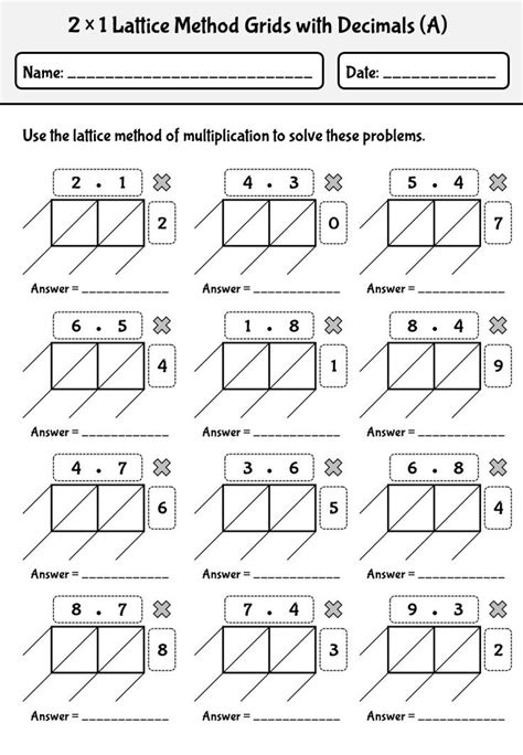 Lattice Method Of Multiplication Worksheets With Decimals Numbers No