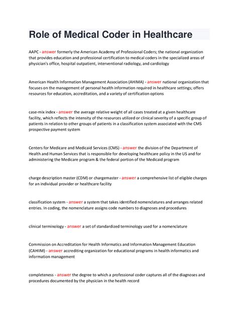 Role Of Medical Coder In Healthcare Exams Health Sciences Docsity