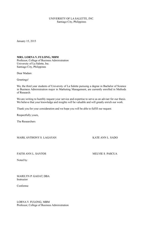 Thesis Adviser Request Letter Bsba Marketing Mgmt Methods Of
