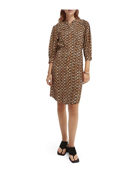 Scotch And Soda Printed Fitted Button Through Dress Short Dresses