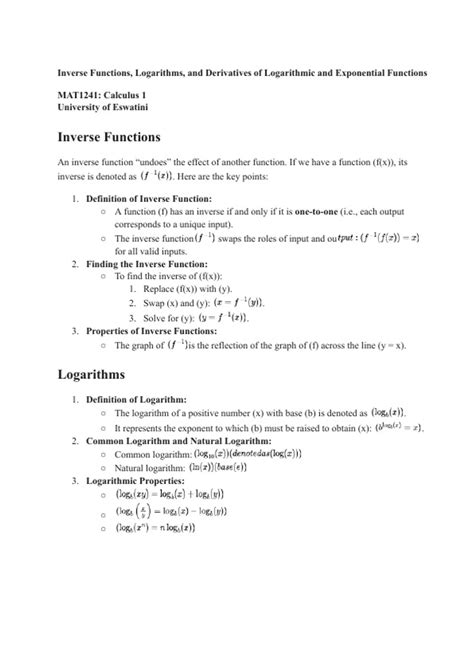 Inverse Functions Logarithms And Derivatives Of Logarithmic And Exponential Functions