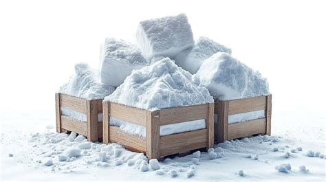 Wooden Crates Overflowing With Large Blocks And Mounds Of Snow On A White Background Stock