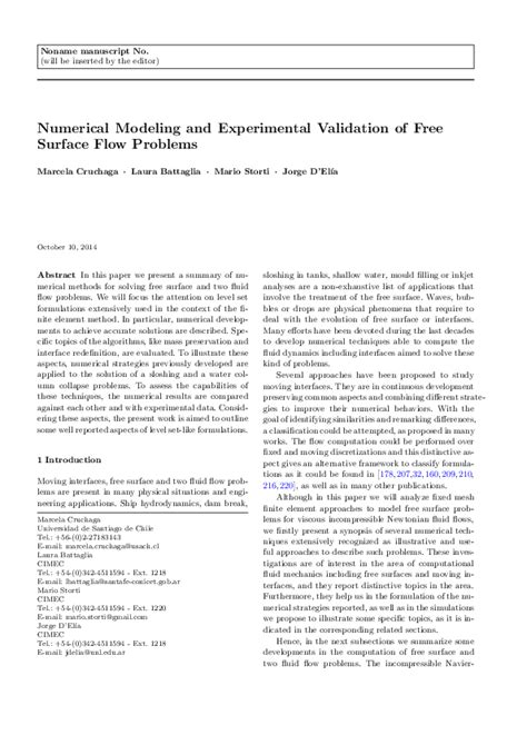 Pdf Numerical Modeling And Experimental Validation Of Free Surface Flow Problems