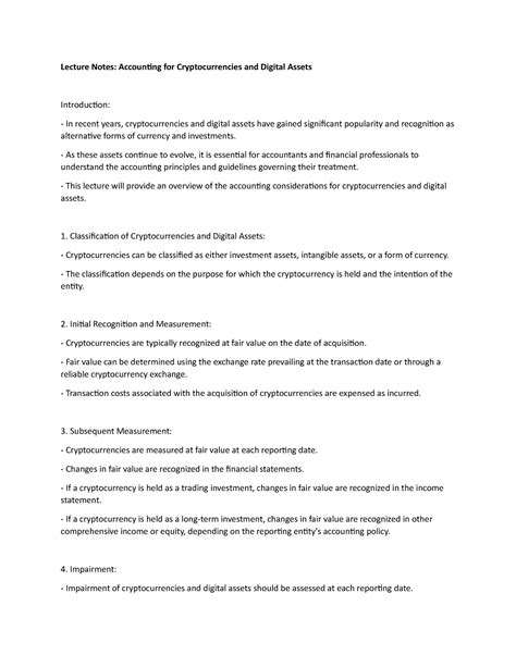 Lecture Notes Accounting For Cryptocurrencies And Digital Assets