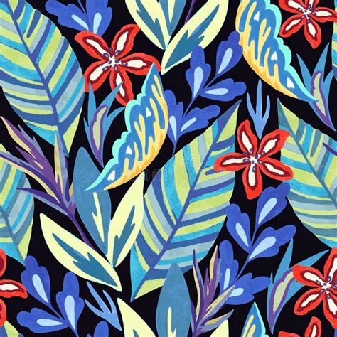 Colorful Vivid Psychedelic Pattern With Abstract Tropical Flowers For
