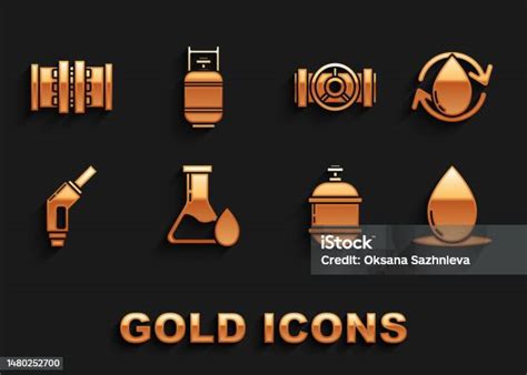 오일 가솔린 시험관 드롭 프로판 가스 탱크 가솔린 펌프 노즐 산업 금속 파이프 및 밸브 및 아이콘을 설정합니다 벡터 가솔린에