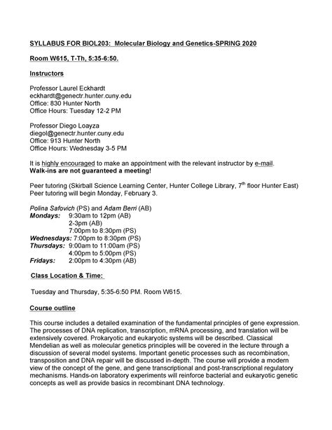 Syllabus 203 2020 Spring SYLLABUS FOR BIOL203 Molecular Biology And Genetics SPRING 20 20
