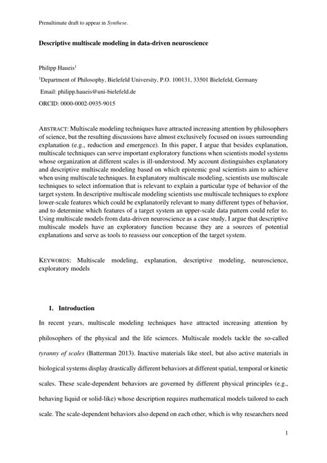 Pdf Descriptive Multiscale Modeling In Data Driven Neuroscience