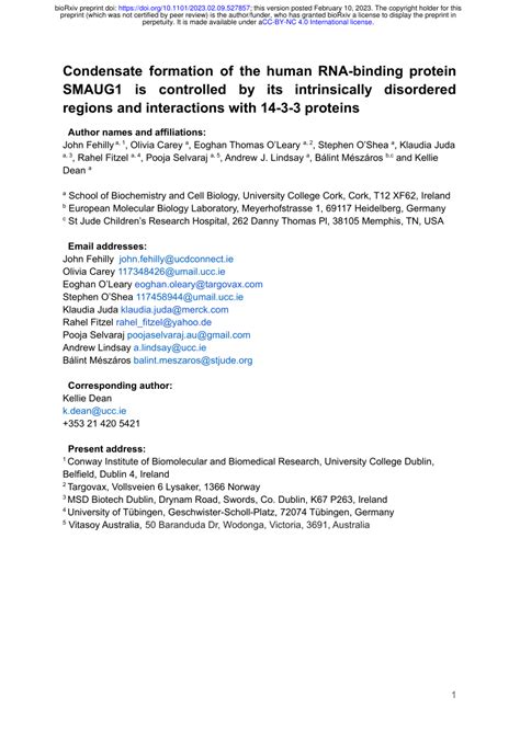 Pdf Condensate Formation Of The Human Rna Binding Protein Smaug1 Is Controlled By Its