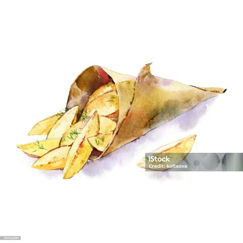 구운 된 감자 수채화 그림 흰색 배경에 고립입니다 홈메이드 유기농 비 건 간식 공예 가방에 감자 칩 친환경적 인 패스트 푸드 건강한 식생활에 대한 스톡 벡터 아트 및 기타