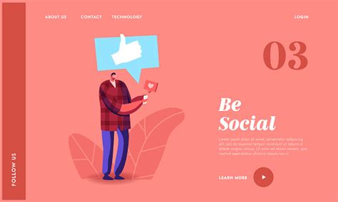 스마트폰을 가진 남자는 소셜 네트워크 방문 페이지 템플릿에서 좋아요를 제공합니다 인터넷에서 온라인으로 소통하는 남성 캐릭터 소셜 네트워킹에 대한 스톡 벡터 아트 및 기타