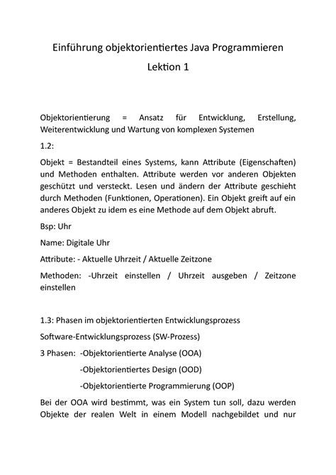 Grundlagen Java Mitschrift Einführung Objektorientiertes Java