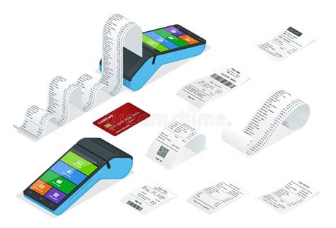 Isometric Set Of Payment Machine Or Pos Terminal With Receipt Records Design Template Of Bill