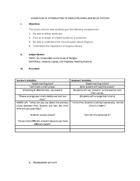 Lesson Plan In Introduction To World Religions And Belief Systems