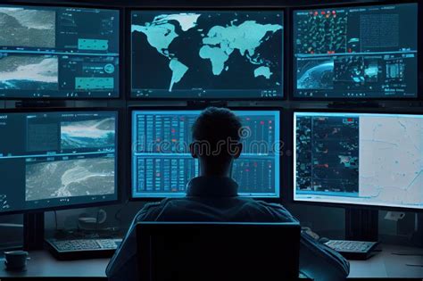Person Monitoring The Surveillance Room With View Of Multiple Screens