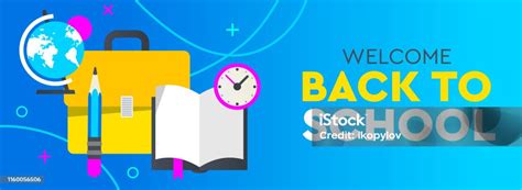학교 프로모션 가로 배너로 돌아가기 포스터 웹 방문 페이지 표지 광고 인사말 카드 소셜 미디어 프로모션을위한 벡터 일러스트레이션