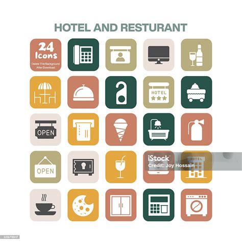 24개의 호텔 및 레스토랑 아이콘으로 구성된 포괄적인 컬렉션으로 필수 서비스 편의 시설 및 접객 관련 품목을 특징으로 하며 관광 및 식품 서비스 디자인에 이상적입니다