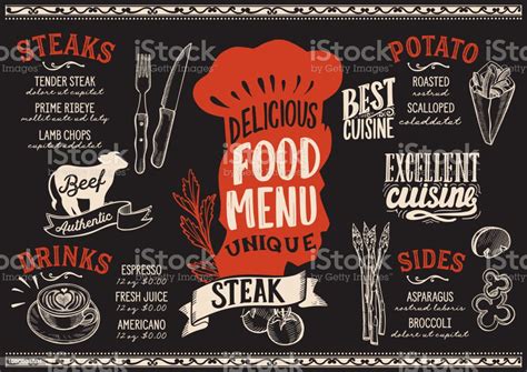 스테이크 레스토랑 요리사 모자 글자와 음식 메뉴 템플릿 고기에 대한 스톡 벡터 아트 및 기타 이미지 고기 고풍스런 낙서