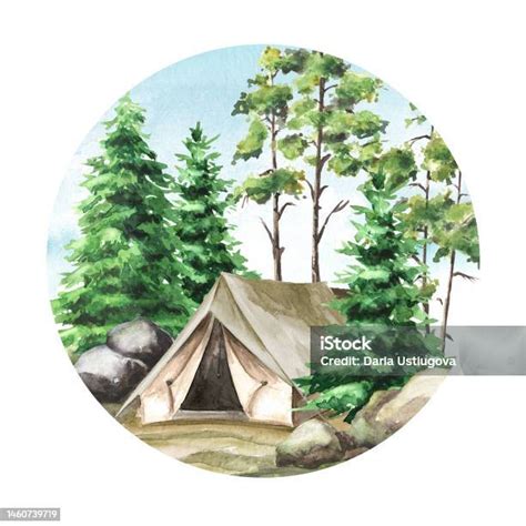 숲속의 하이킹 텐트 캠핑 개념입니다 흰색 배경에 격리된 손으로 그린 수채화 그림 관광에 대한 스톡 벡터 아트 및 기타 이미지 관광 나무 레저 추구 Istock