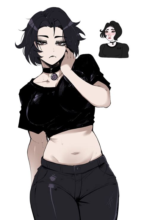 Masoq Doomer Girl Absurdres Highres 1girl Black Hair Black Lips Black Shirt Hand On Own