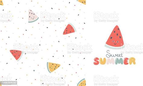 웃는 얼굴에 재미있는 비문이 새겨진 삼각형 수박 캐릭터 달콤한 여름 물방울 무늬의 매끄러운 패턴이 있는 세트입니다 심플한 스타일로 손으로 그린 만화 낙서 아이들을 위한 벡터