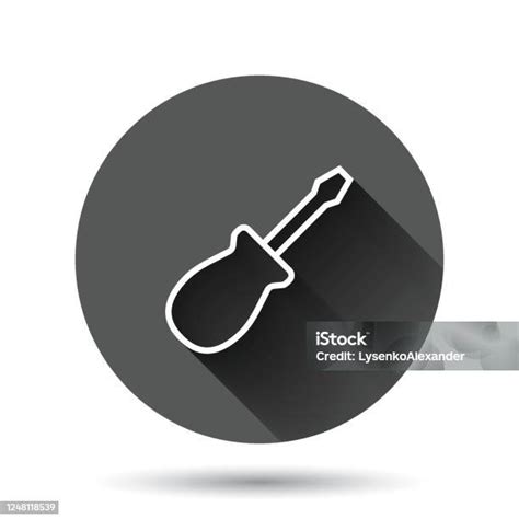 플랫 스타일의 렌치 아이콘 긴 그림자 효과와 검은 색 둥근 배경에 스패너 키 벡터 그림 수리 장비 원 버튼 비즈니스 개념 강철에 대한 스톡 벡터 아트 및 기타 이미지