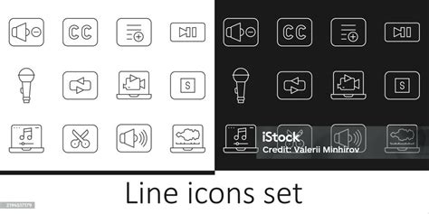 회선 사운드 또는 오디오 레코더 설정 미디어 중지 버튼 재생 목록 추가 반복 마이크 스피커 음소거 온라인 비디오 및 자막 아이콘 벡터 Mp3 플레이어에 대한 스톡 벡터 아트