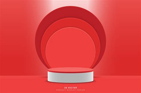 3d 벡터 렌더링 스튜디오 룸에 3개의 둥근 원 모양 배경이 있는 사실적인 빨간색과 흰색 실린더 연단 제품 디스플레이 프리젠테이션 또는 모형을 위한 Minima 장면 디자인