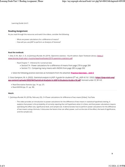Math 1281 Learning Guide Unit 5 Reading Assignment Home Pdf Analysis Of Variance Statistics