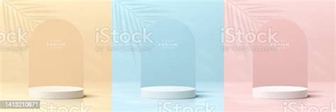 분홍색 노란색 파란색 및 흰색 아치 모양 배경이있는 사실적인 3d 실린더 받침대 연단 세트 벡터 기하학적 형태 제품 무대 쇼케이스 프로모션 디스플레이를위한 추상적 인 최소
