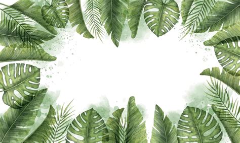 Frame With Tropical Exotic Green Palm Leaves Hand Drawn Watercolor