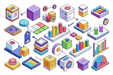 A Collection Of Isometric Icons Representing Various Data Analysis Concepts Including Charts