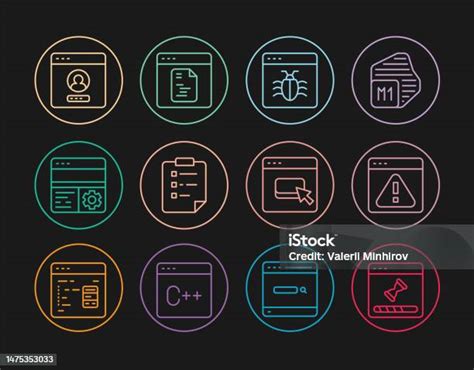 줄 데이터 로드 창 느낌표가 있는 브라우저 시스템 버그 클립보드 체크리스트 디버깅 계정 만들기 화면 파일 및 소프트웨어 아이콘을 설정합니다 벡터 개발에 대한 스톡 벡터 아트