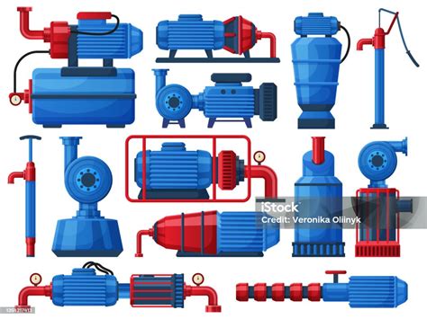 물 펌프 산업용 물 모터 펌핑 시스템 공장 물 탱크 물 펌핑 압축기 벡터 평면 일러스트 세트 펌핑 모터 시스템 잠수함에 대한 스톡 벡터 아트 및 기타 이미지 Istock