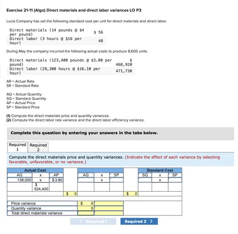 Solved Lucia Company Has Set The Following Standard Cost Per