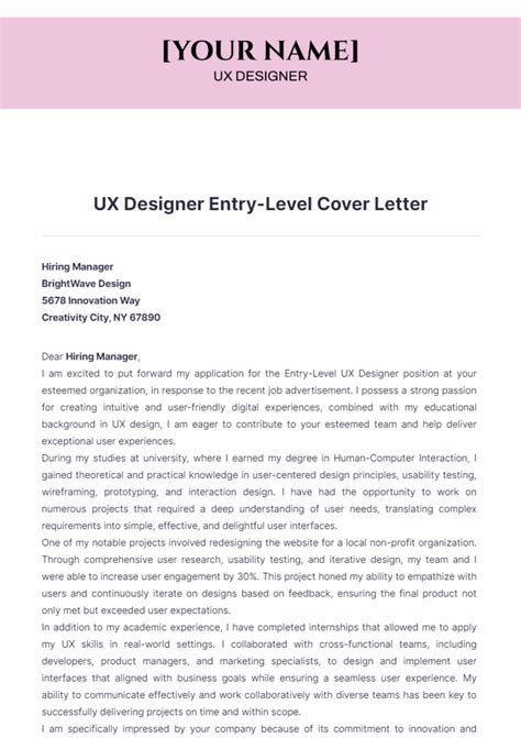 Free Ux Designer Entry Level Cover Letter Template To Edit Online