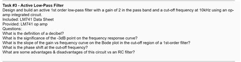 Design And Build An Active St Order Low Pass Filter Chegg