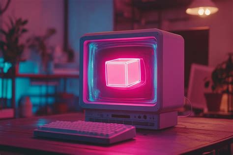 retro computer screen displaying a loading animation with a rotating cube premium ai generated