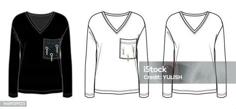체인 구멍 패션 Cad 여성 긴팔 블라우스 스케치 V 넥 여성 기술 도면 템플릿 플랫 모형이 있는 벡터 티셔츠 저지 모던 탑