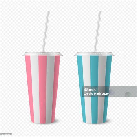 벡터 3d 사실적 줄무늬 백서 일회용 컵 세트 뚜껑 음료용 빨대 음료 분리 음료 커피 소다 차 칵테일 밀크쉐이크 모형을 위한