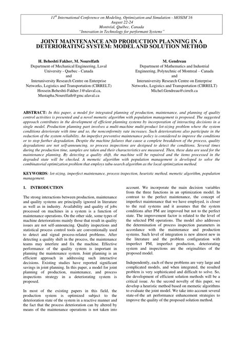 Pdf Joint Maintenance And Production Planning In A Deteriorating System Model And Solution Method