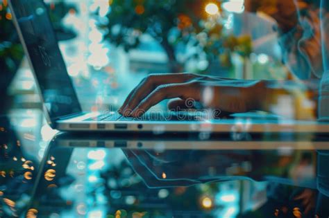 Close Up Of Hands Typing On A Laptop Keyboard Illuminated By Colorful Lights In A Modern