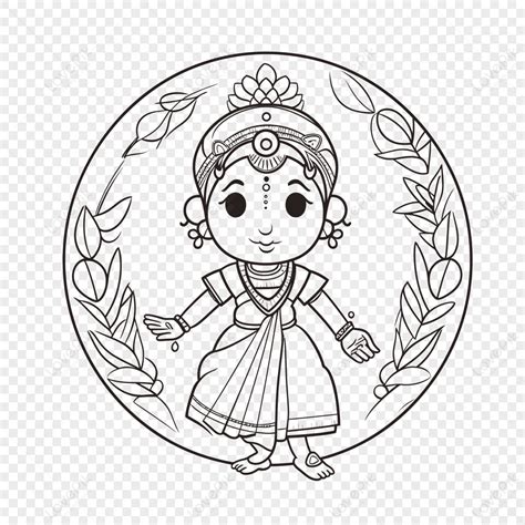 인도 의상을 입은 여인이 원 윤곽선 스케치 드로잉으로 색칠하고 있습니다 벡터오남 개요개요 예술 Png 일러스트 무료 다운로드